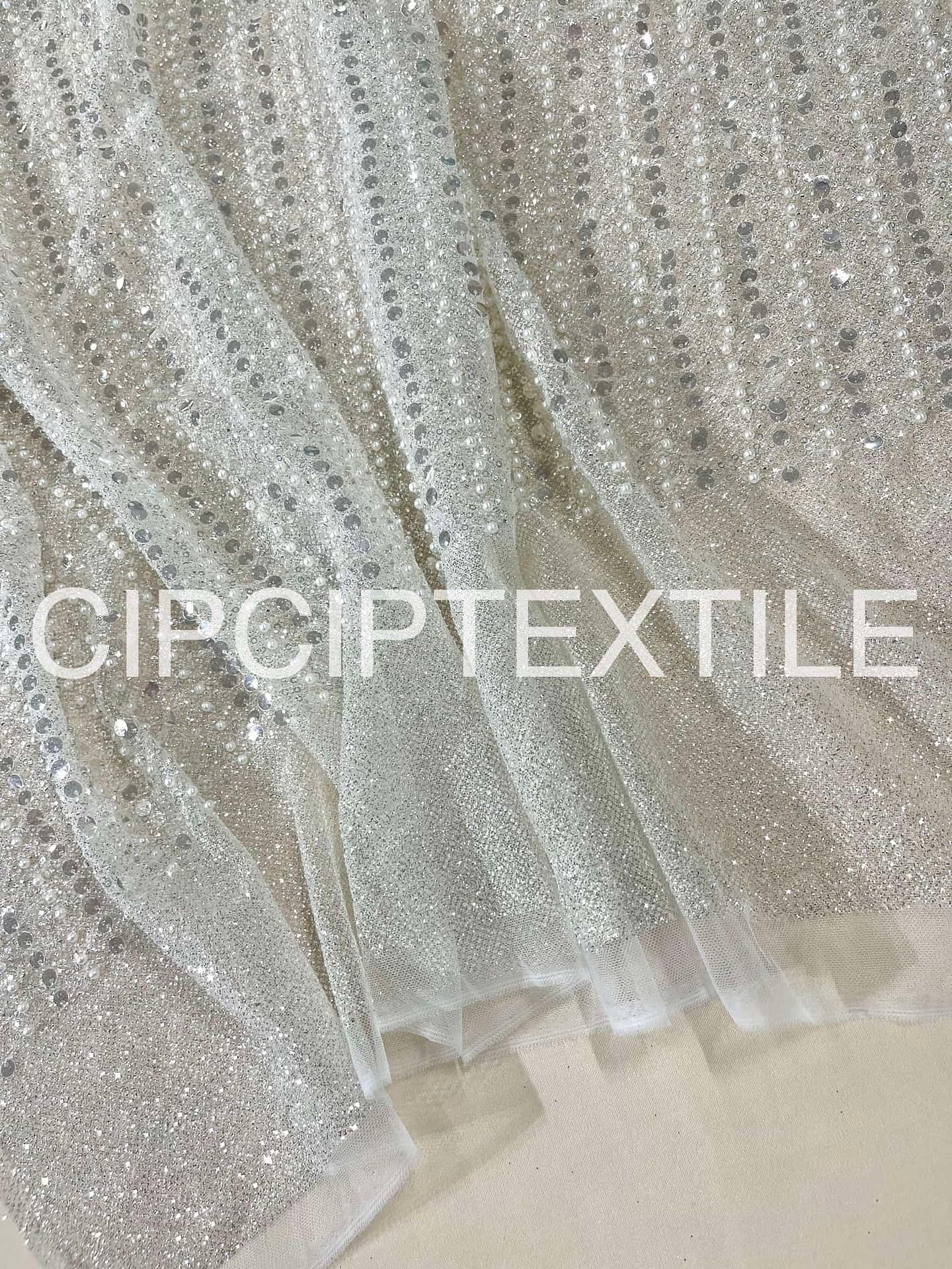 NEW (OFF WHITE) DILYA GLITTER SPARKLES PEARL BEADED LACE - CIPCIPTEXTILE